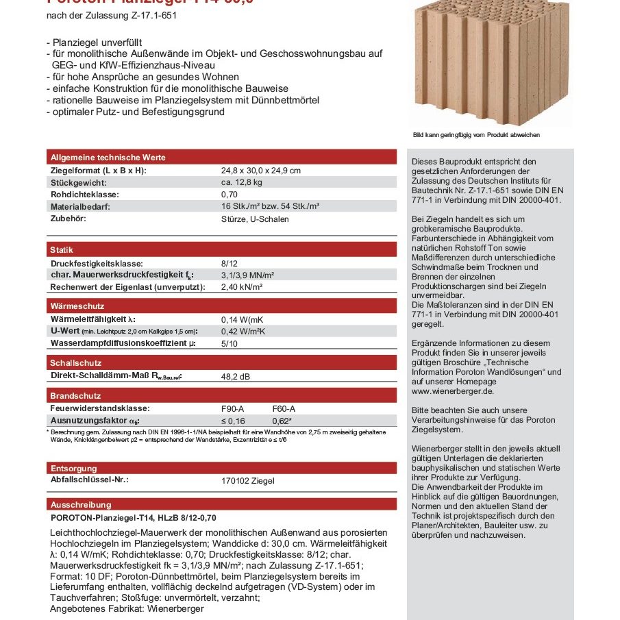 Ziegel, Mauerziegel, Plan-T14-36,5 DFK12, Poroton